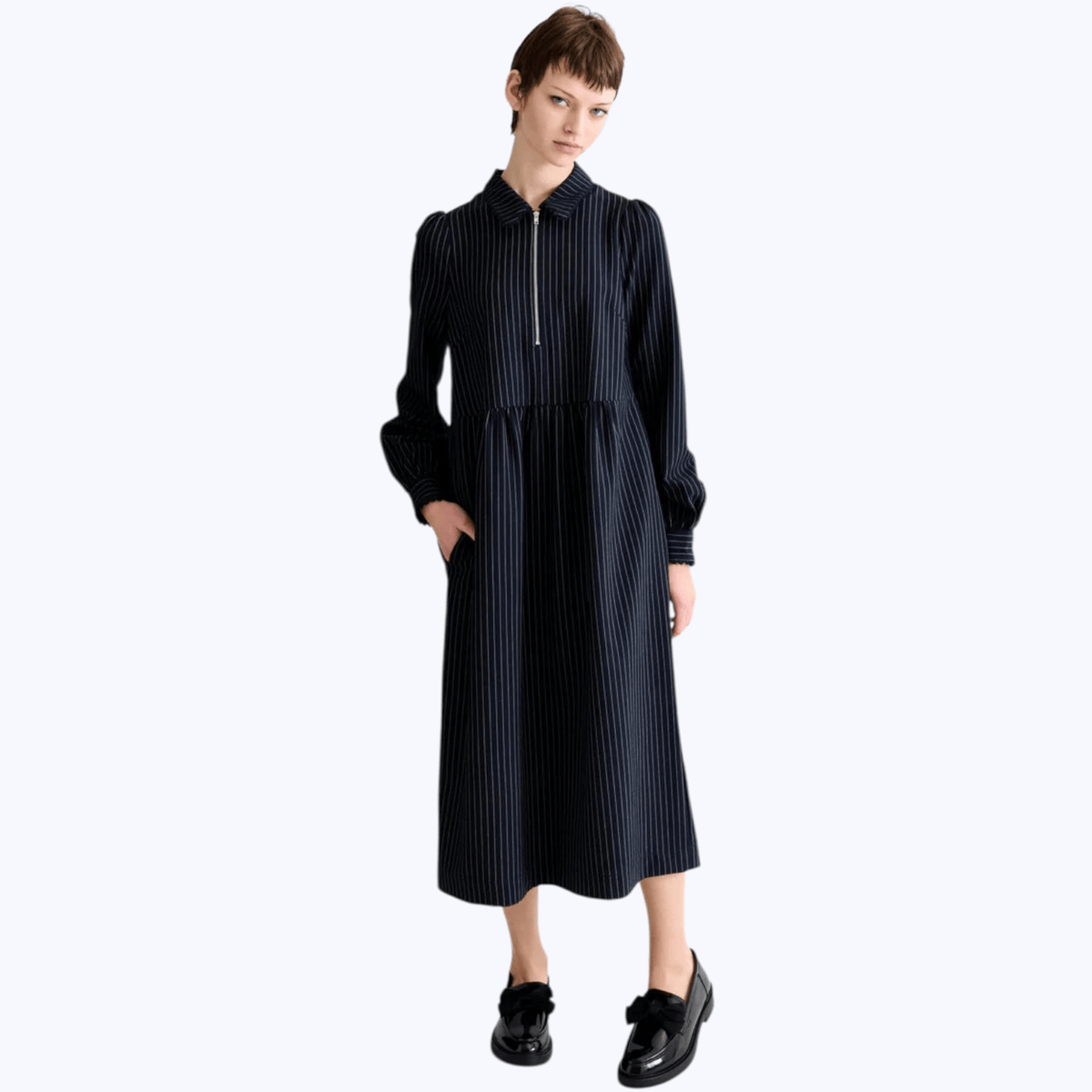 Buy online Louche Manton Pinstripe Zip Front Lace Trim Dress Navy ...